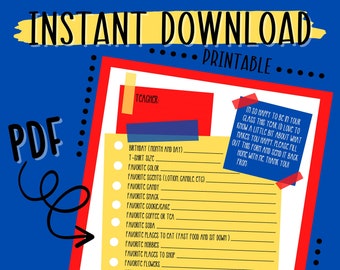 PRINTABLE Teacher Questionnaire, Get to Know Your Teacher, Back to ...