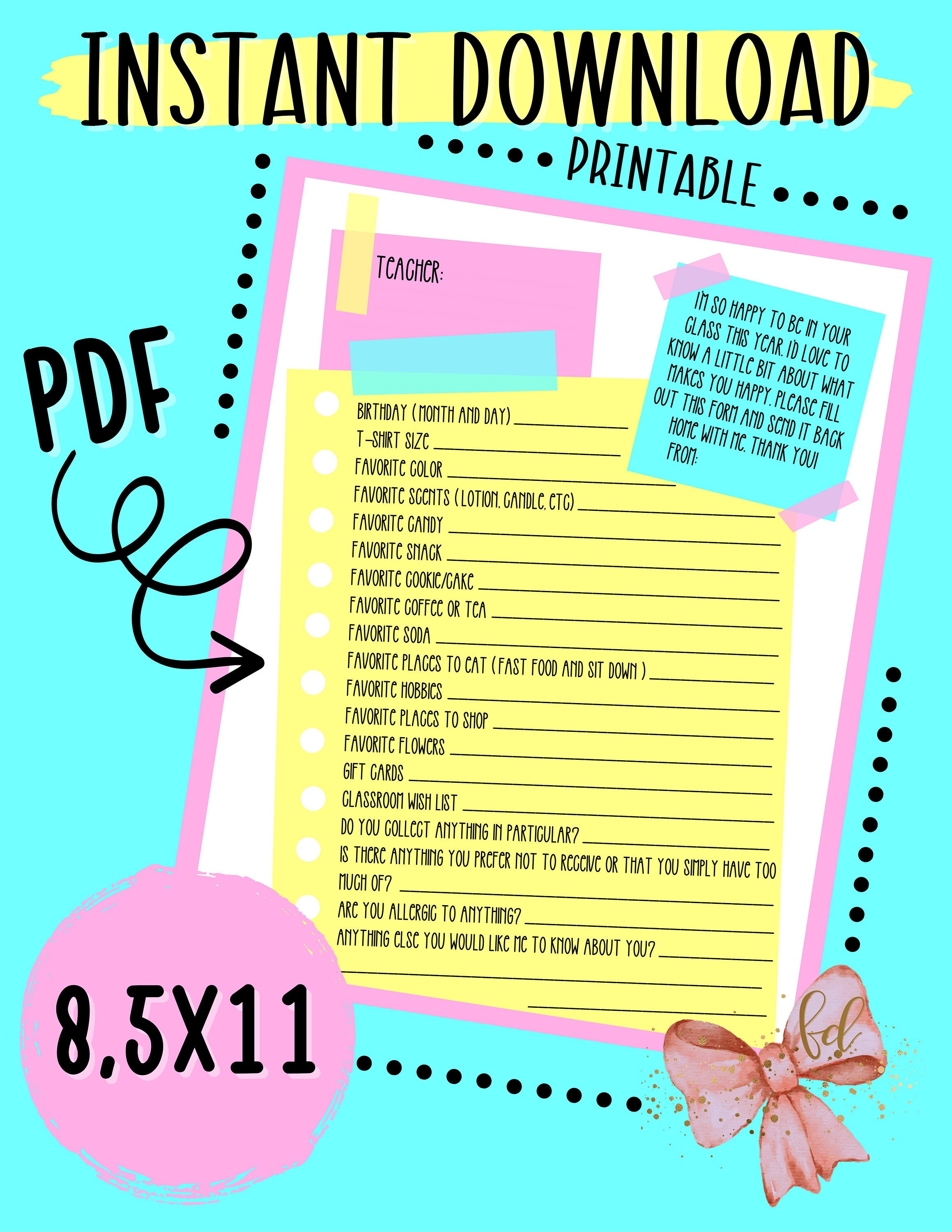 PRINTABLE Teacher Questionnaire, Get to Know Your Teacher, Back to ...