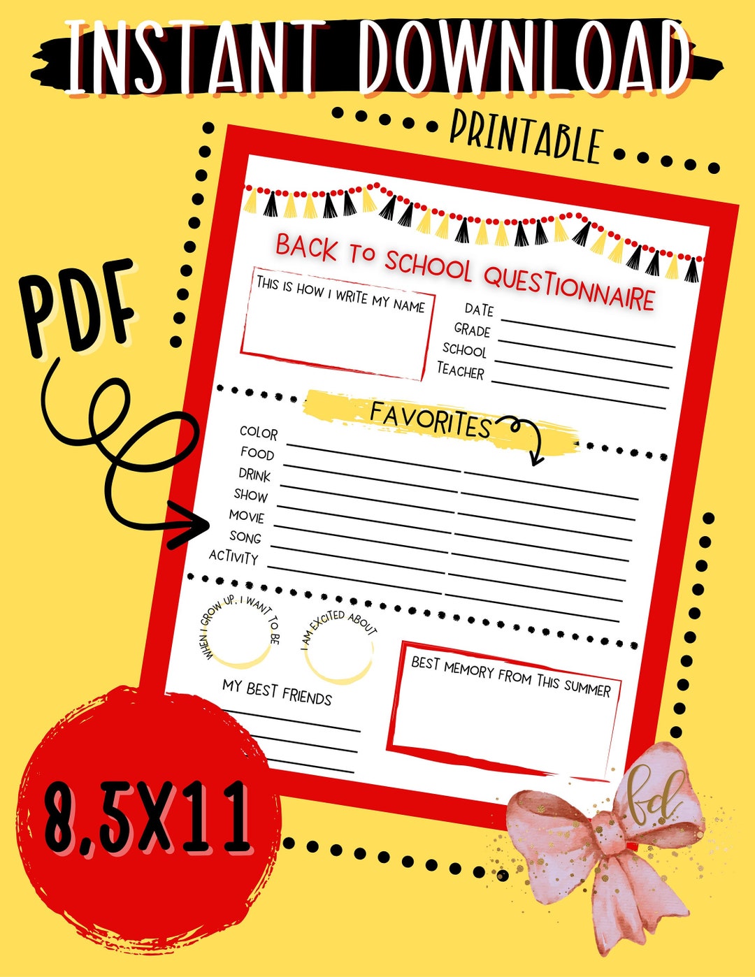 PRINTABLE Back to School Questionnaire, Back to School, New Year ...