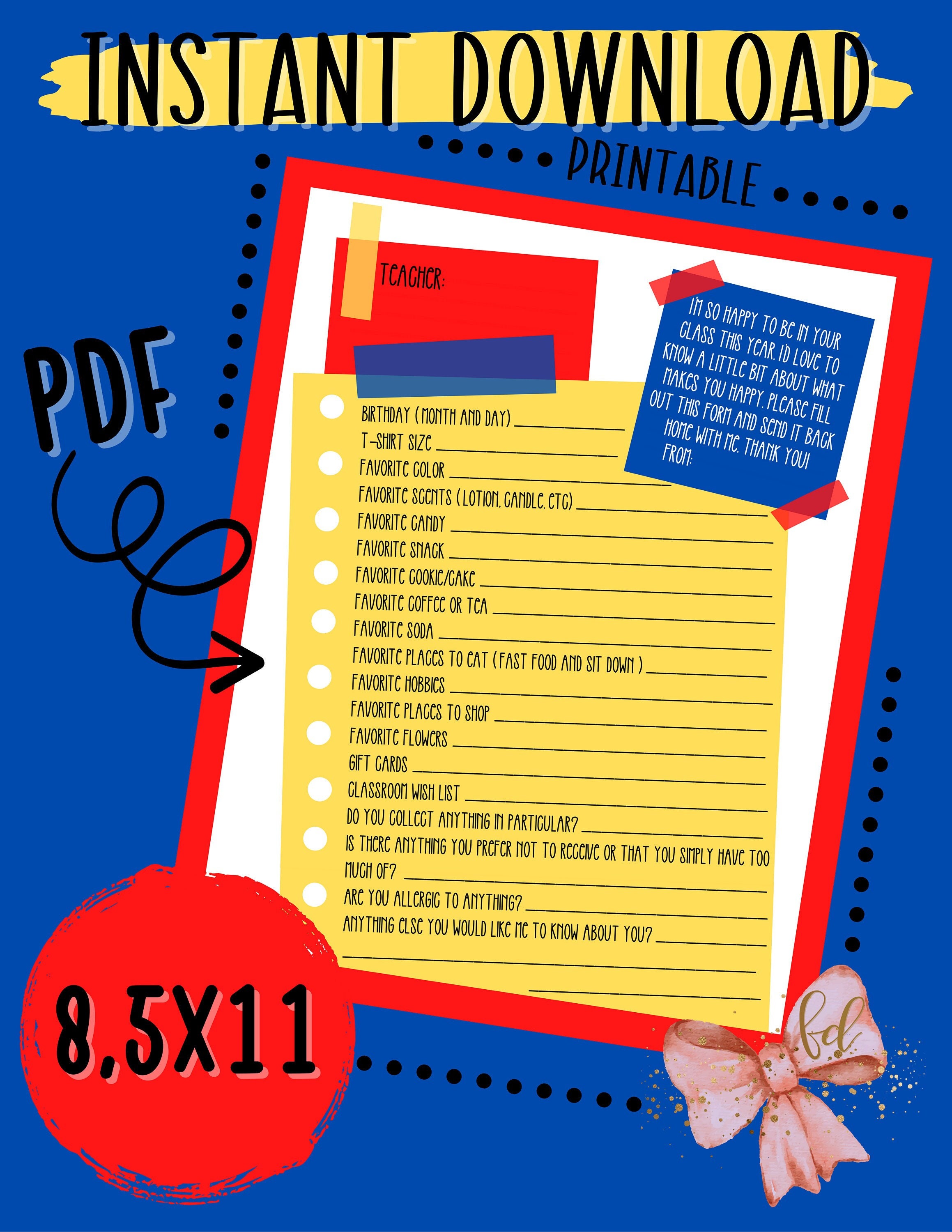 PRINTABLE Teacher Questionnaire, Get to Know Your Teacher, Back to ...