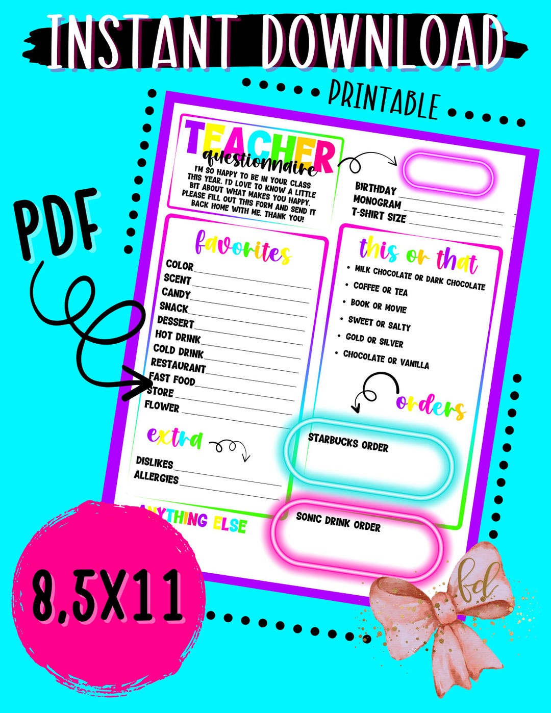 PRINTABLE Teacher Questionnaire, Get to Know Your Teacher, Back to ...