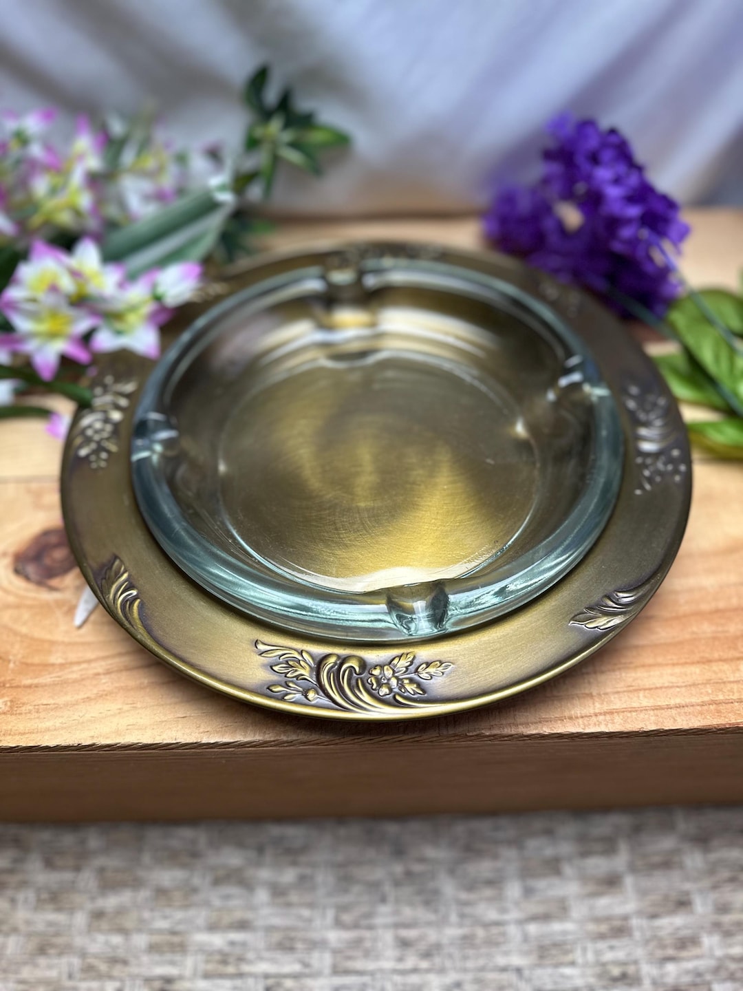 Vintage Brass & Glass Ashtray, 10