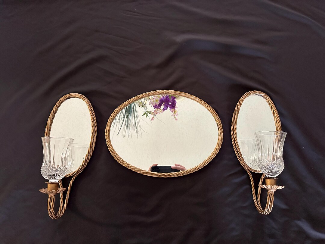 Vintage Gold Rope Frame Wall Sconces and Oval Wall Mirror 1970's - Etsy