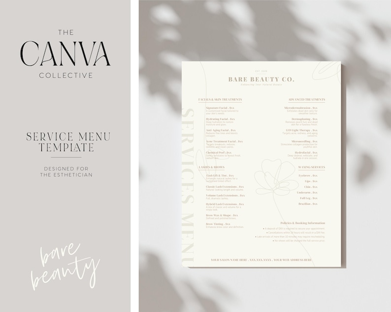 Editable Esthetician Service Menu Template | Spa & Skincare Price List ...