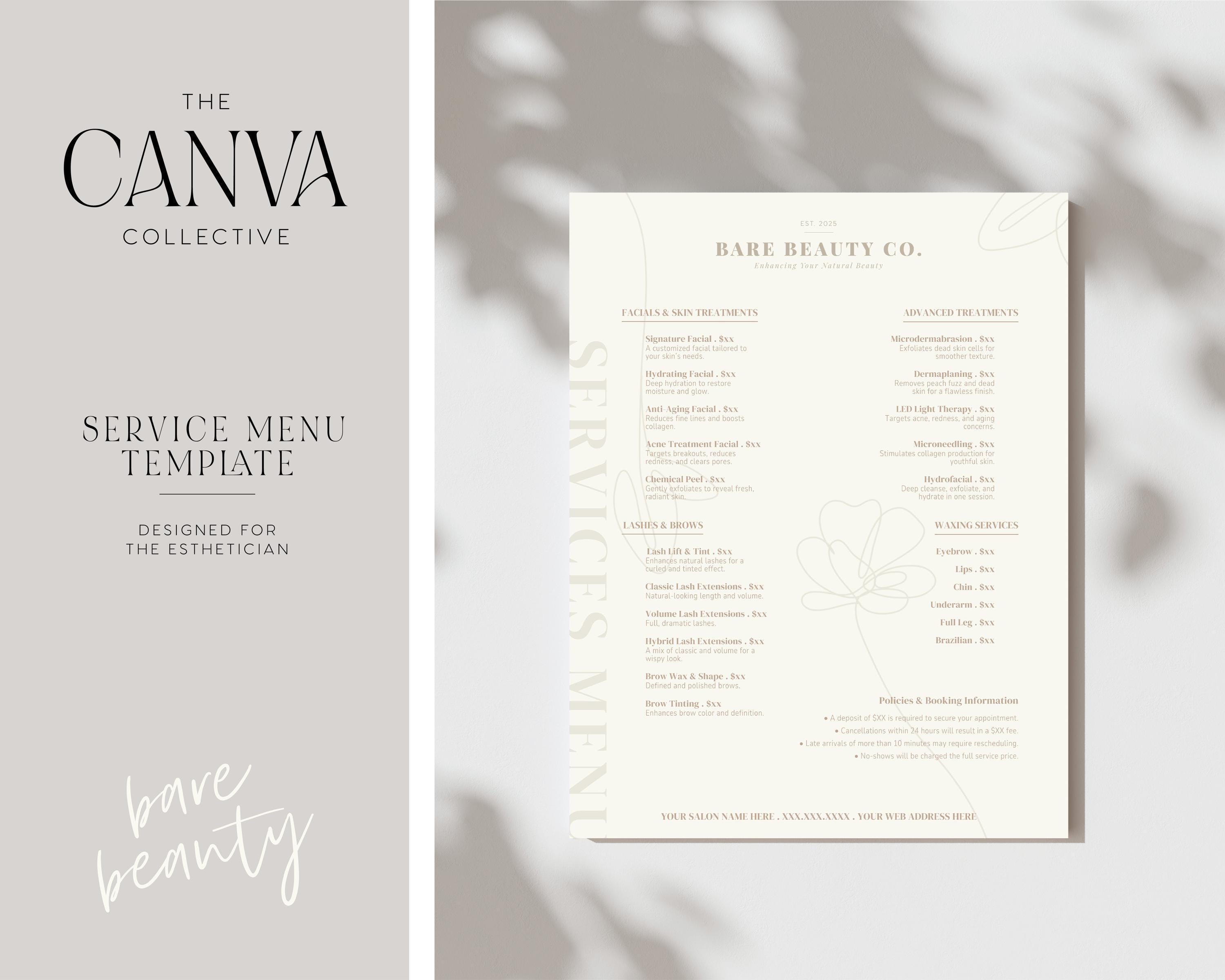 Editable Esthetician Service Menu Template | Spa & Skincare Price List ...
