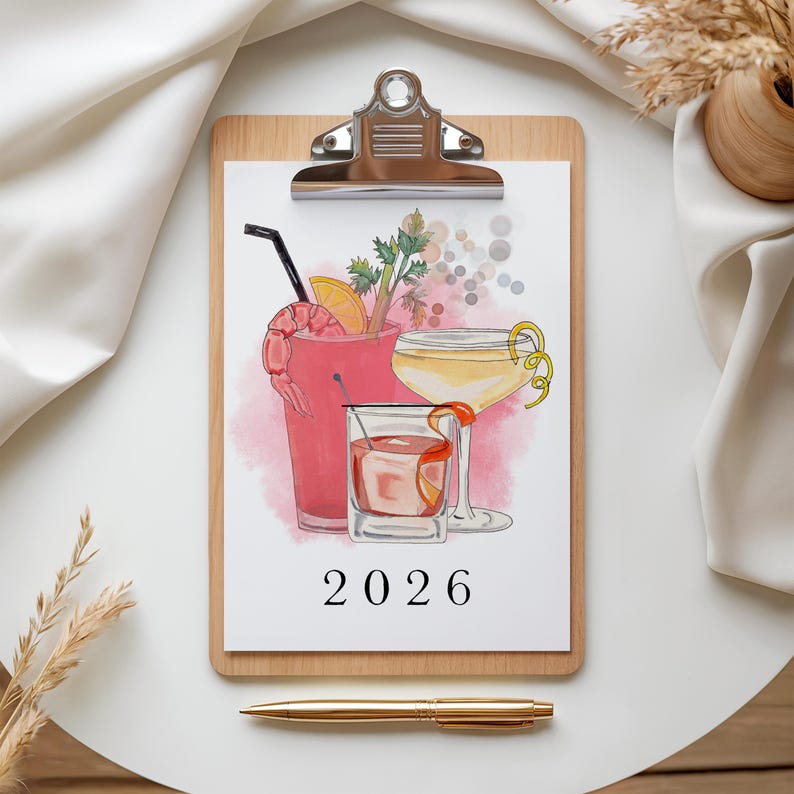 2026 Printable Drinks Calendar | Watercolour Alcohol Cocktails Monthly ...