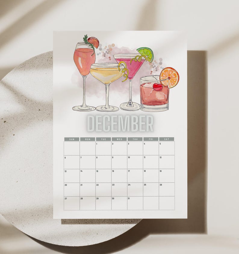 2026 Printable Drinks Calendar | Watercolour Alcohol Cocktails Monthly ...