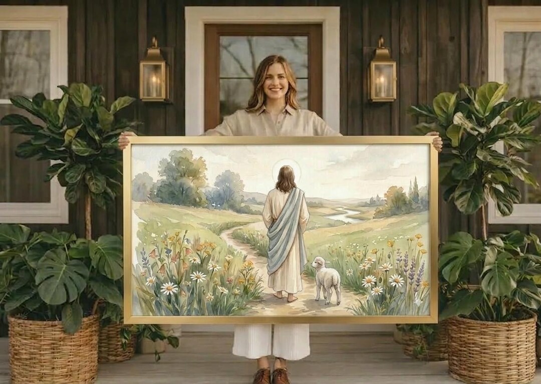 Jesus With Sheep Walking Through a Wild Flower Field, Inspirational ...