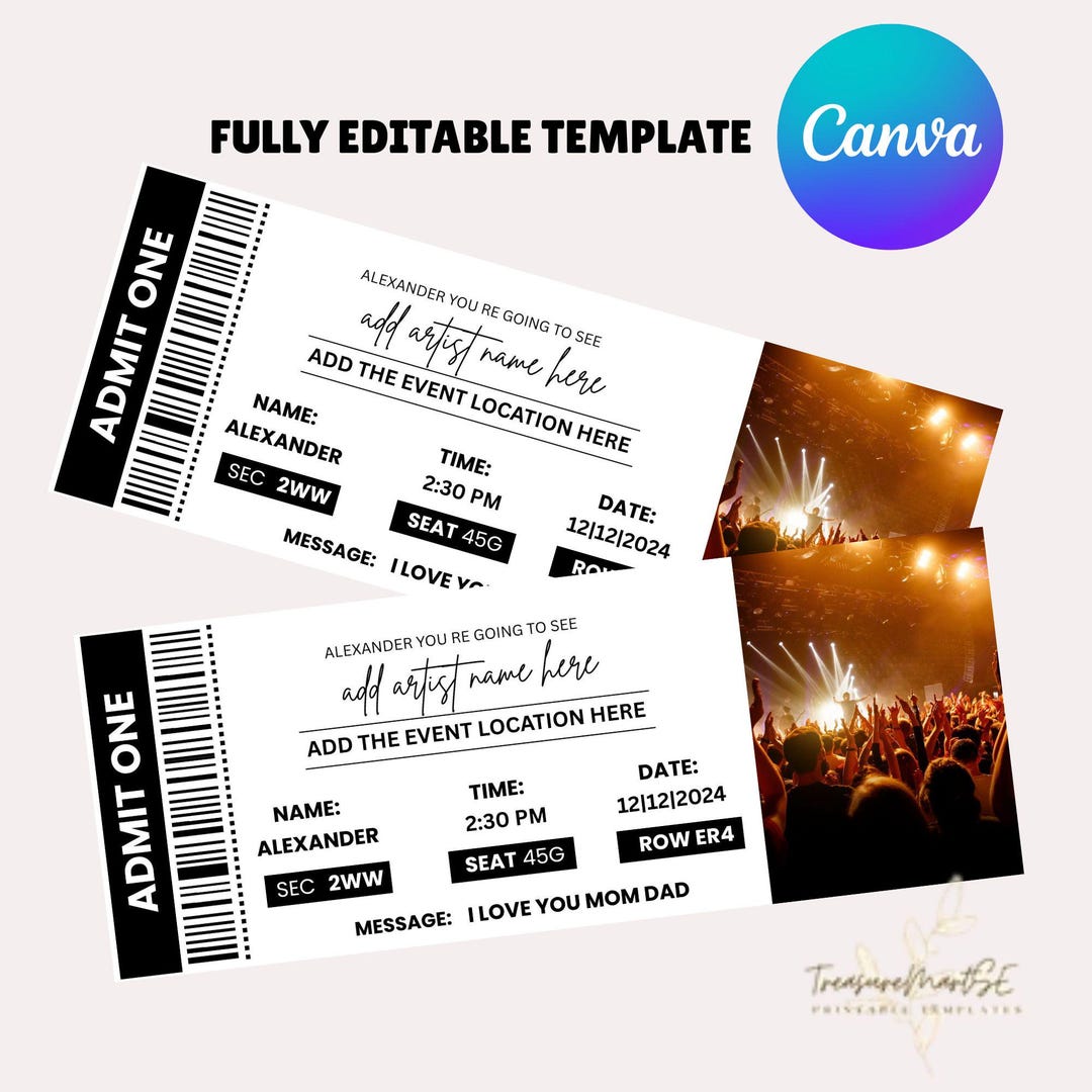 Editable Concert Ticket Canva, DIY Tickets Template, Printable Custom ...