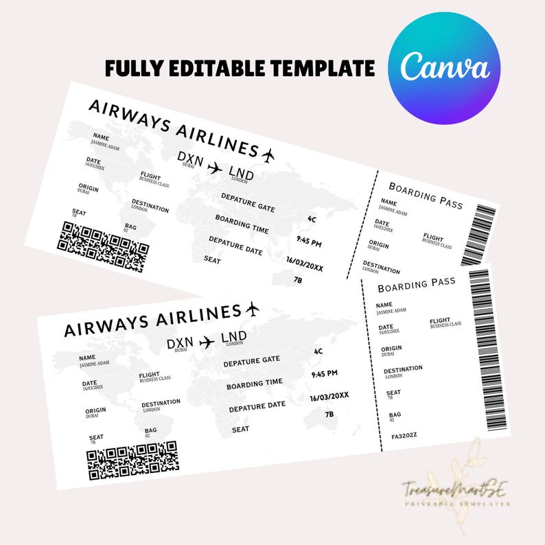 Editable Boarding Pass Template, Printable Boarding Ticket, Canva ...