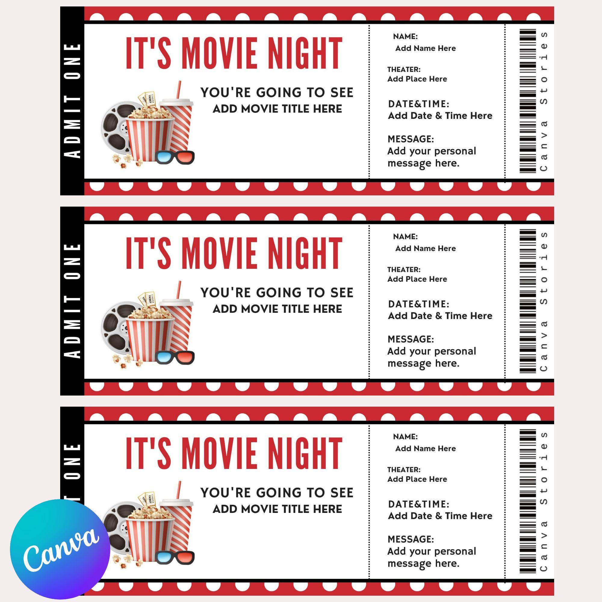Printable MOVIE Gift Tickets. Cinema Themed Gift Reveal Ticket ...