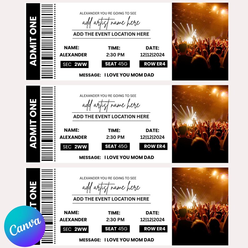 Editable Concert Ticket Canva, DIY Tickets Template, Printable Custom ...