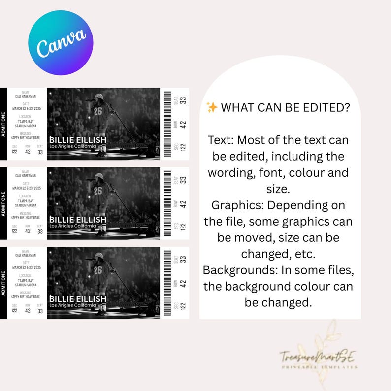 Editable Concert Ticket Canva, DIY Tickets Template, Printable Custom ...
