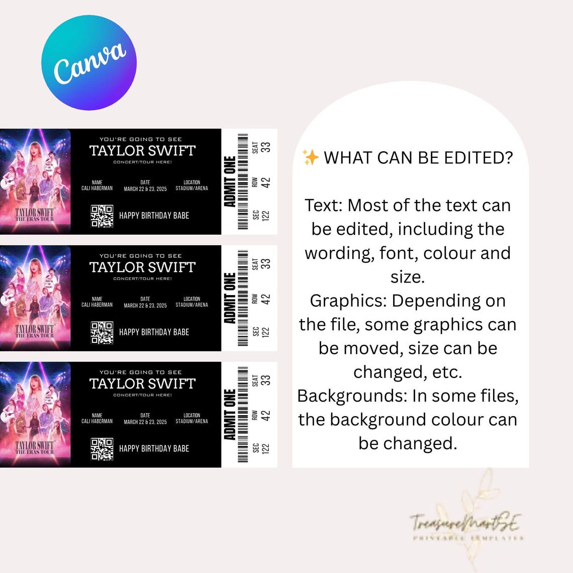 Editable Concert Ticket Template, Custom Concert Ticket Gift, DIY Event ...
