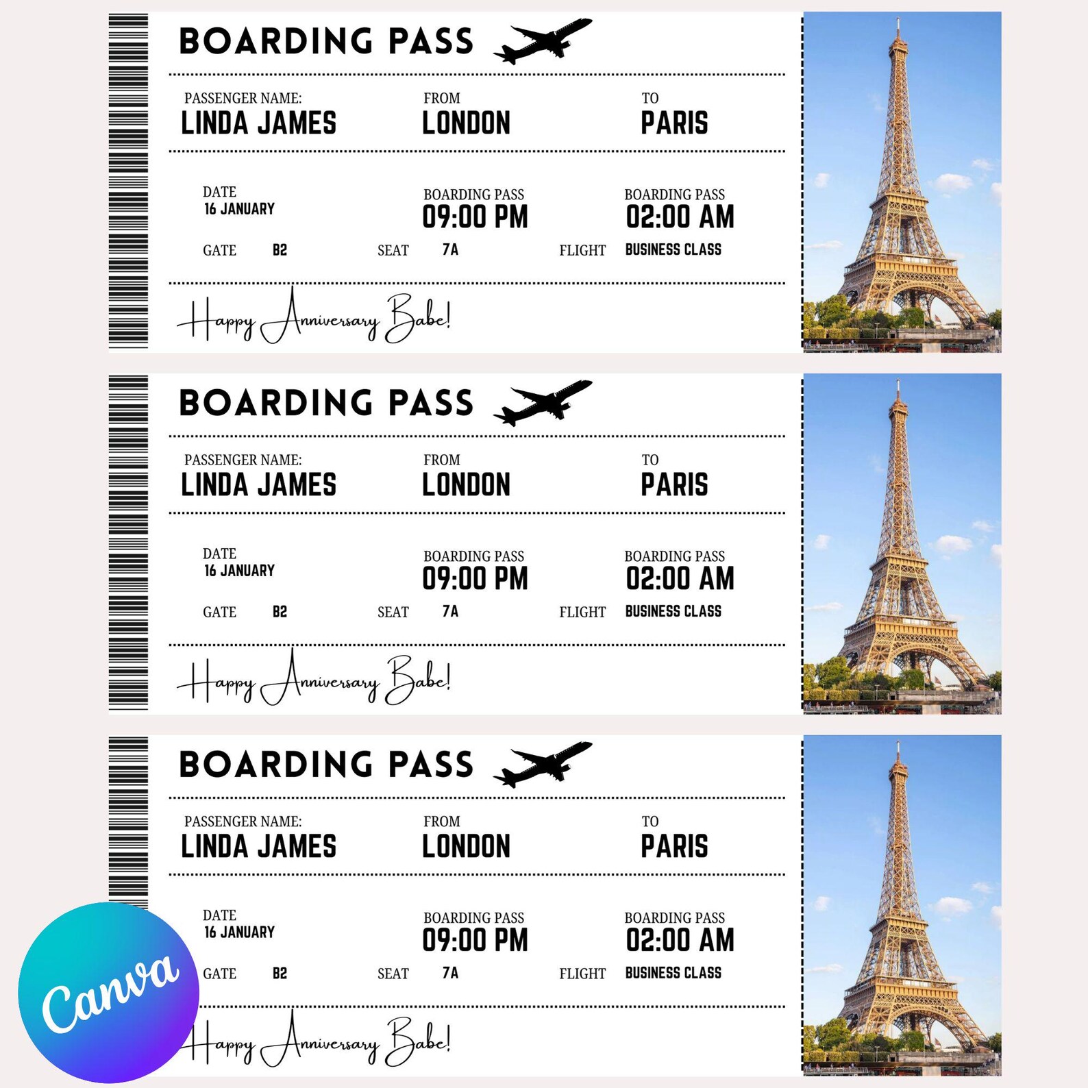Bearbeitbare Bordkartenvorlage, druckbares personalisiertes Flugticket ...