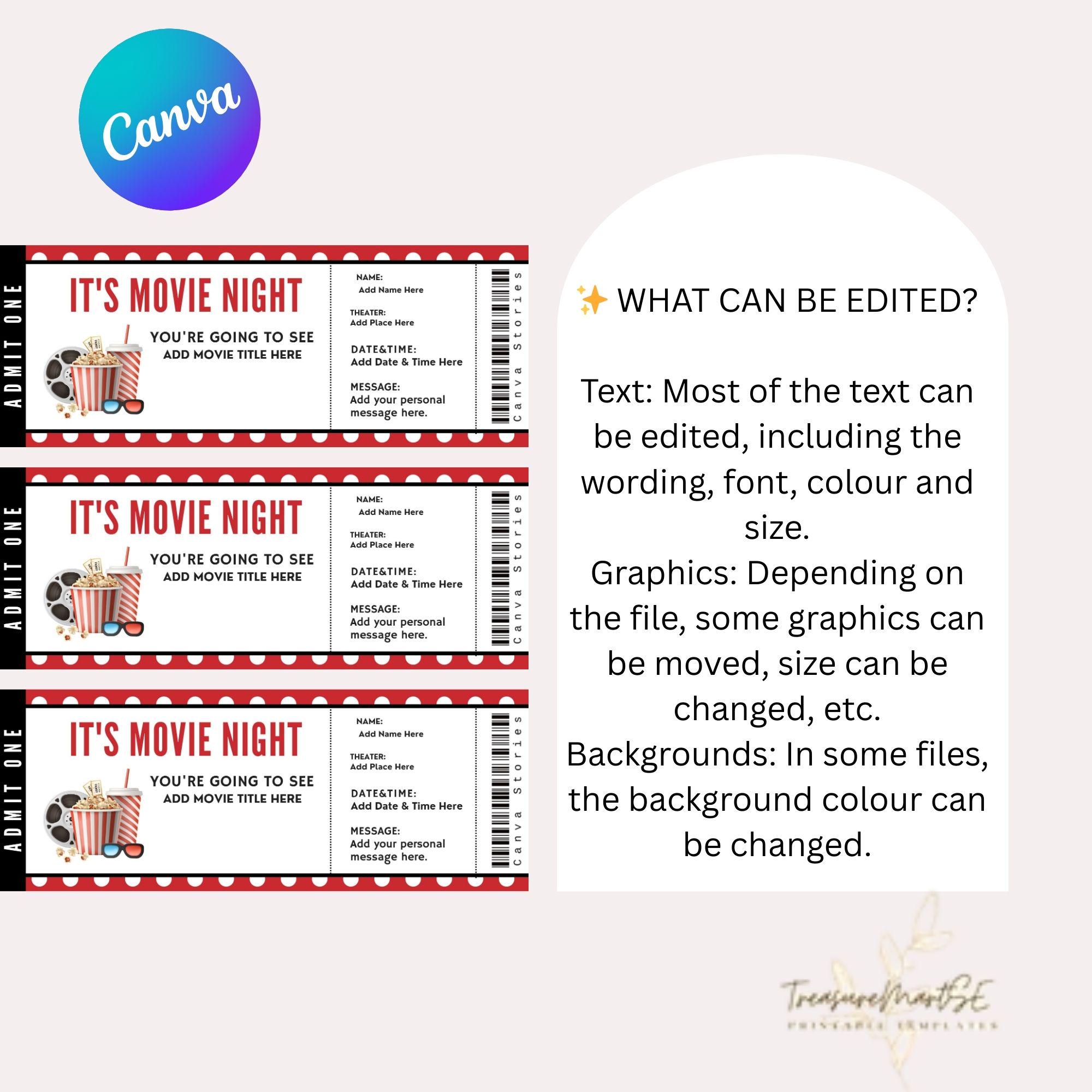 Printable MOVIE Gift Tickets. Cinema Themed Gift Reveal Ticket ...