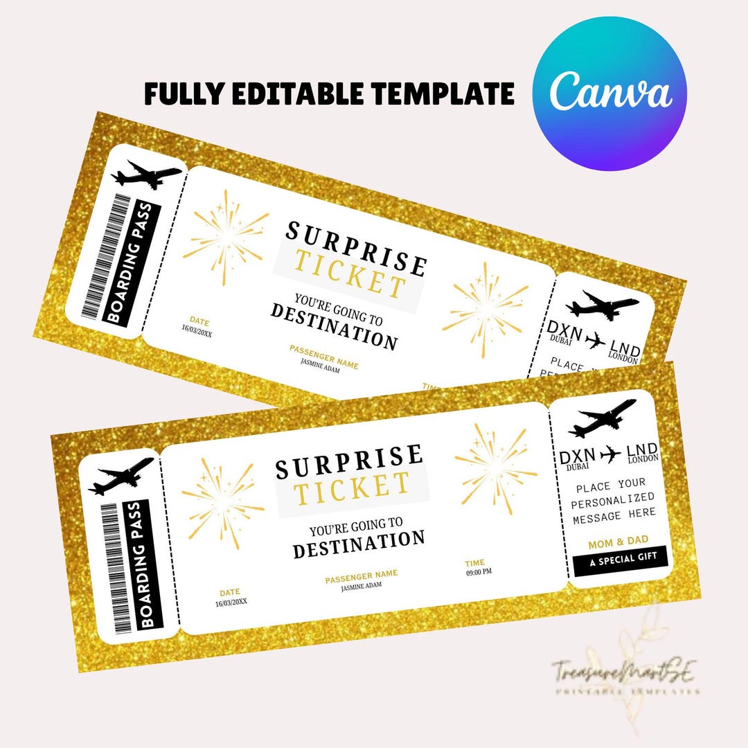 Editable Surprise Trip Ticket, Surprise Boarding Coupon Pass, Event ...