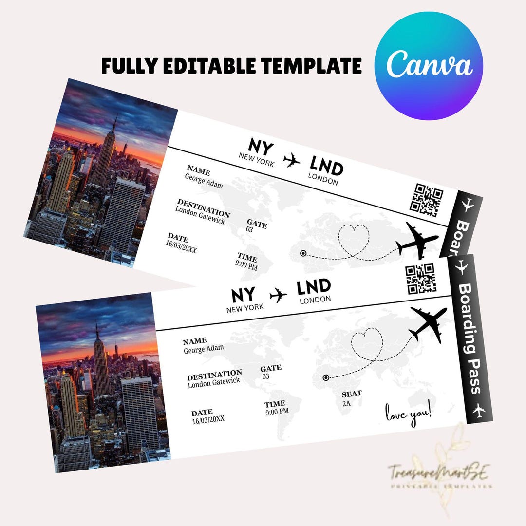 Editable Boarding Pass Template, Printable Personalized Airline Ticket ...