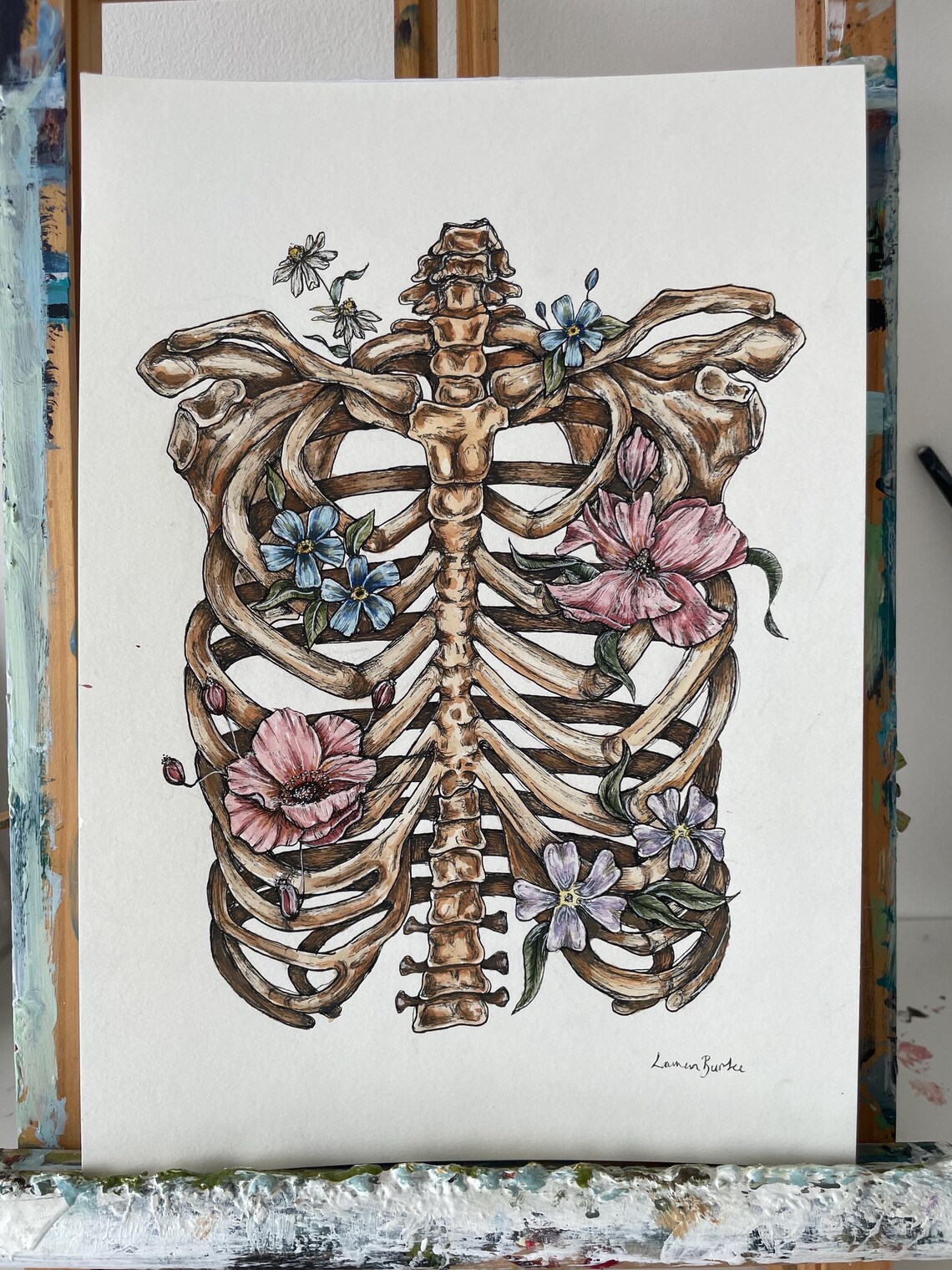 Rib Cage With Flowers/ Watercolor and Ink Drawing - Etsy