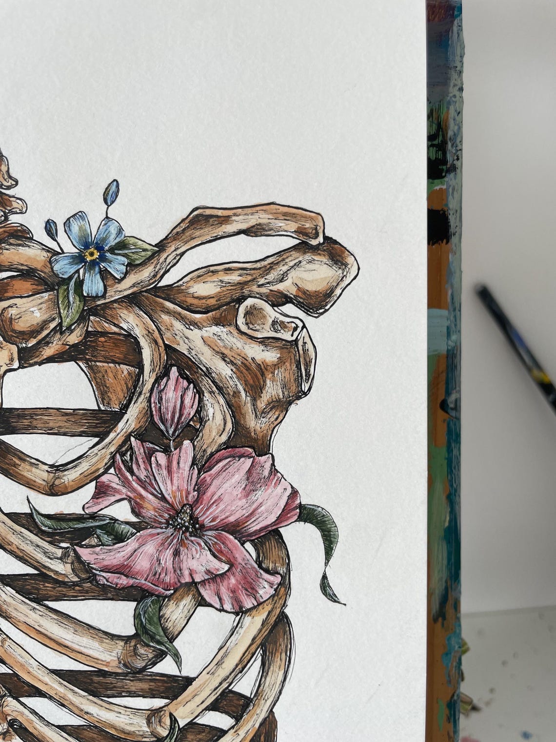 Rib Cage With Flowers/ Watercolor and Ink Drawing - Etsy