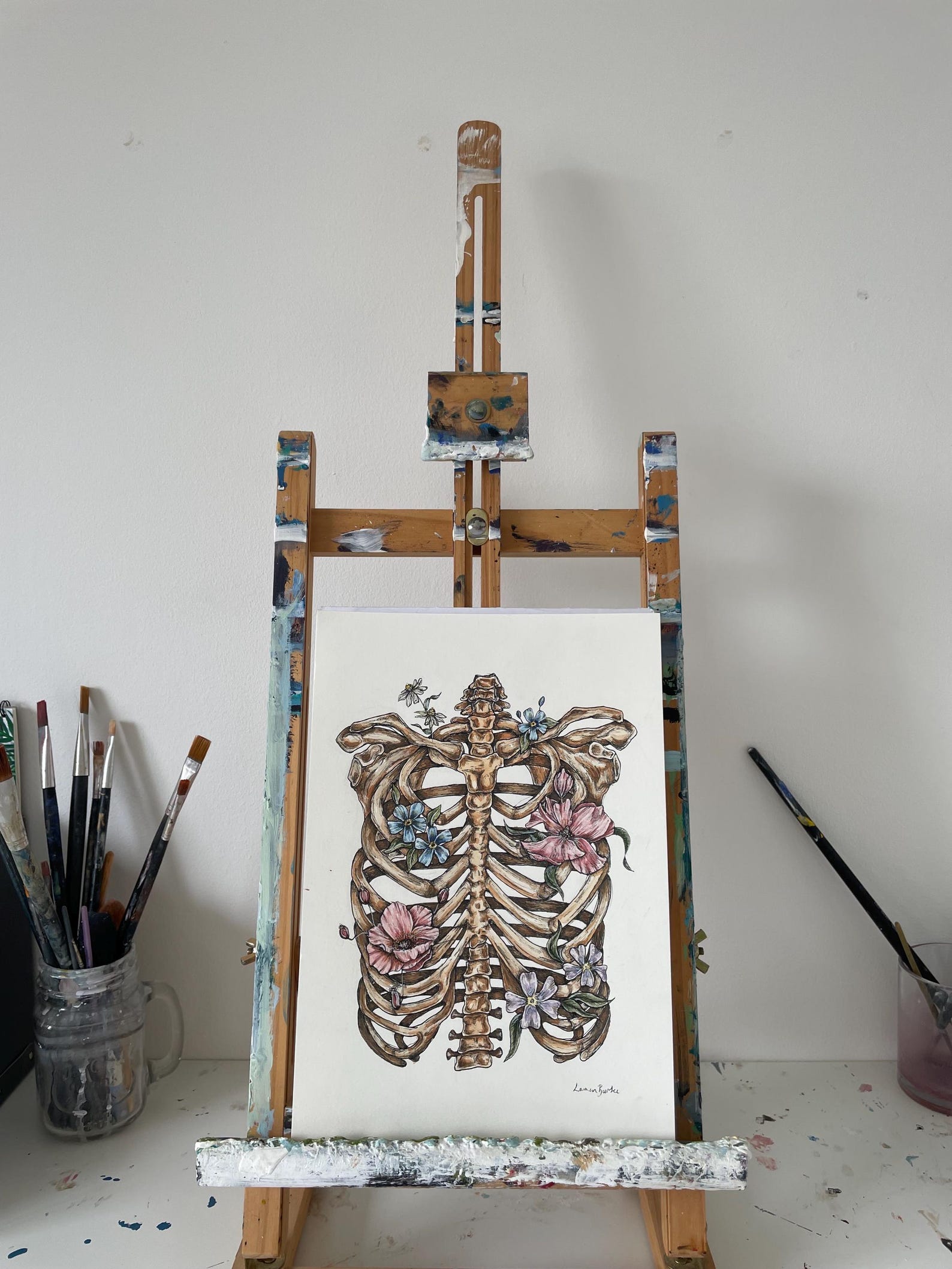 Rib Cage With Flowers/ Watercolor and Ink Drawing - Etsy