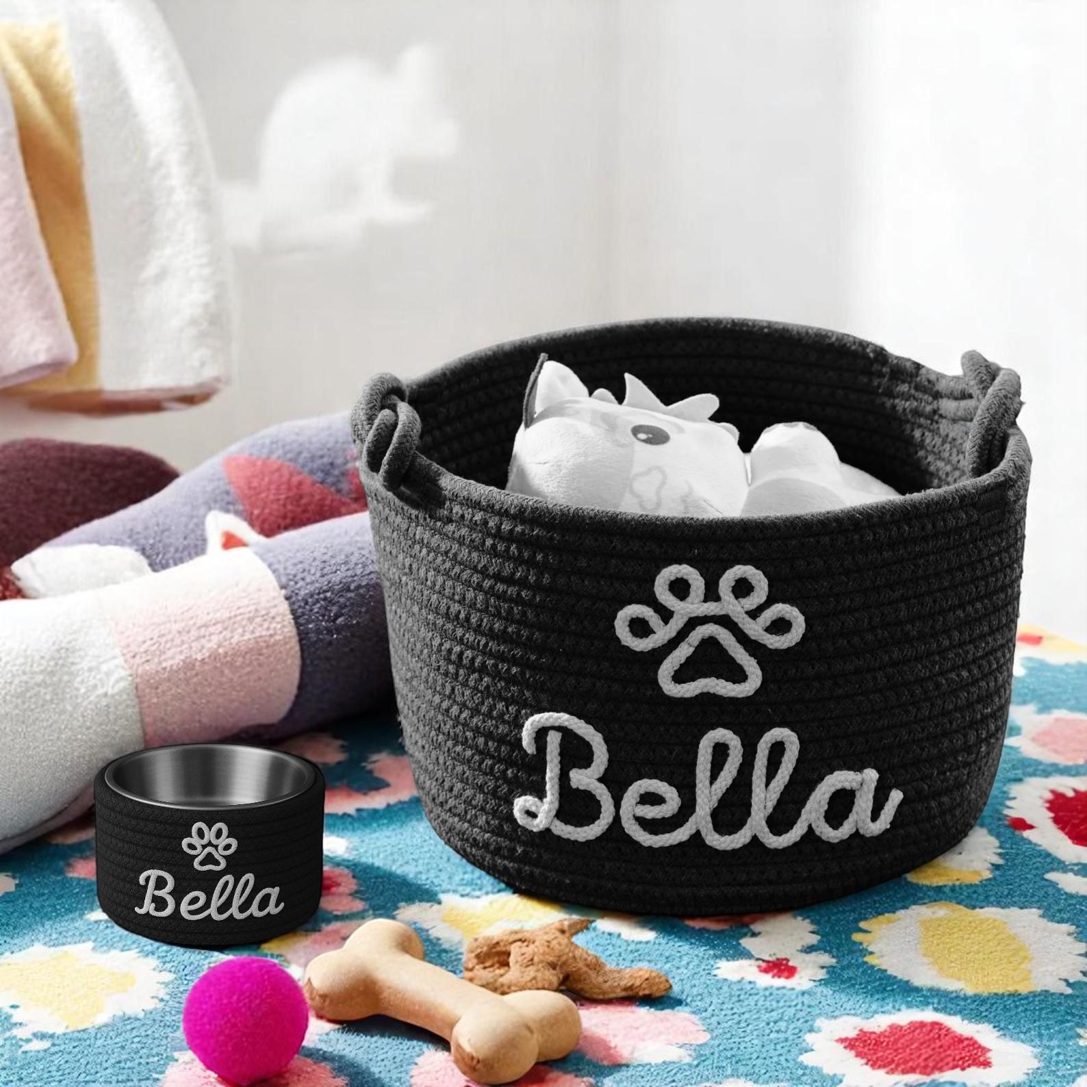 Personalized Dog Toy Basket & Bowl Set: Cotton Rope, Boho Pet Decor - Etsy