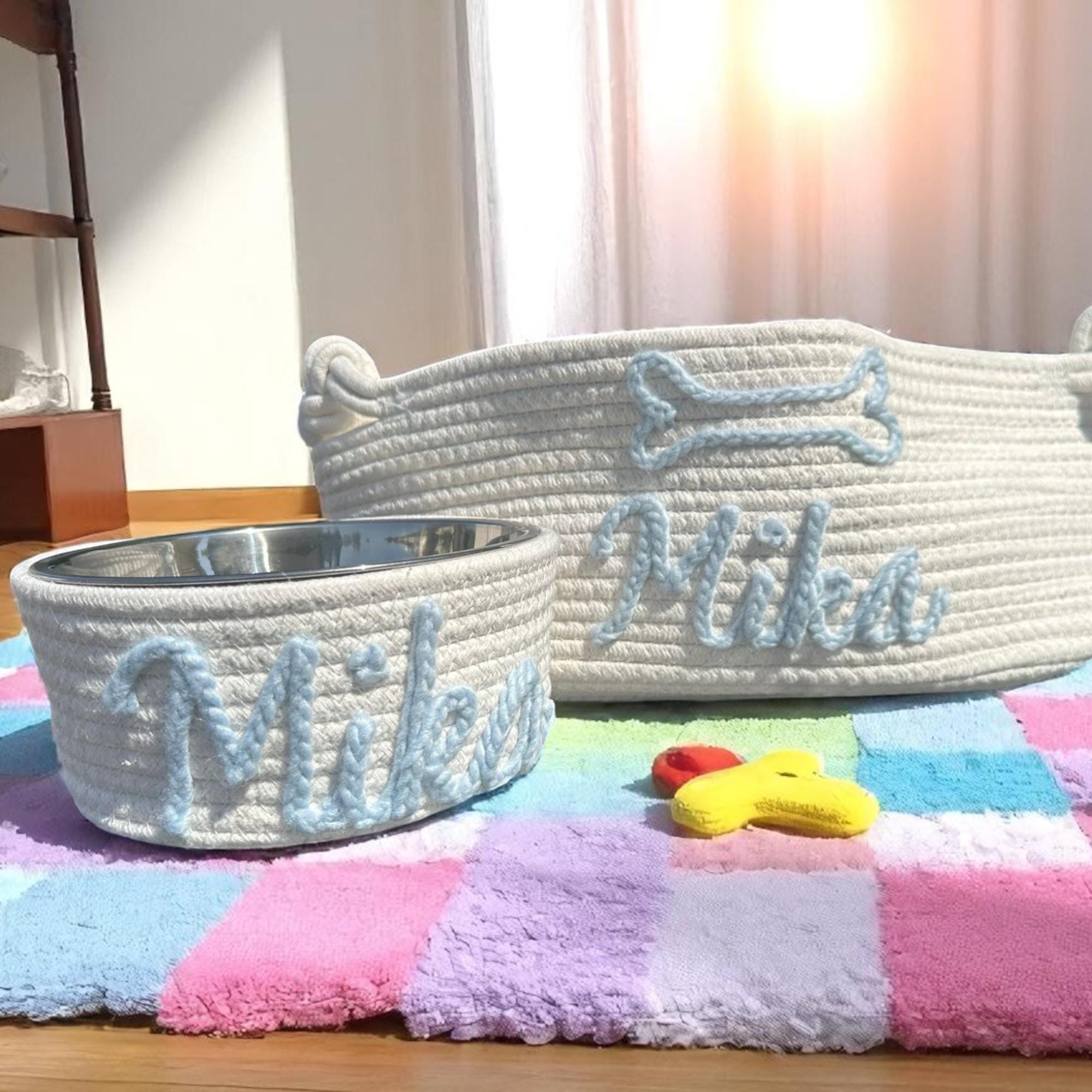 Personalized Dog Toy Basket & Bowl Set: Cotton Rope, Boho Pet Decor - Etsy