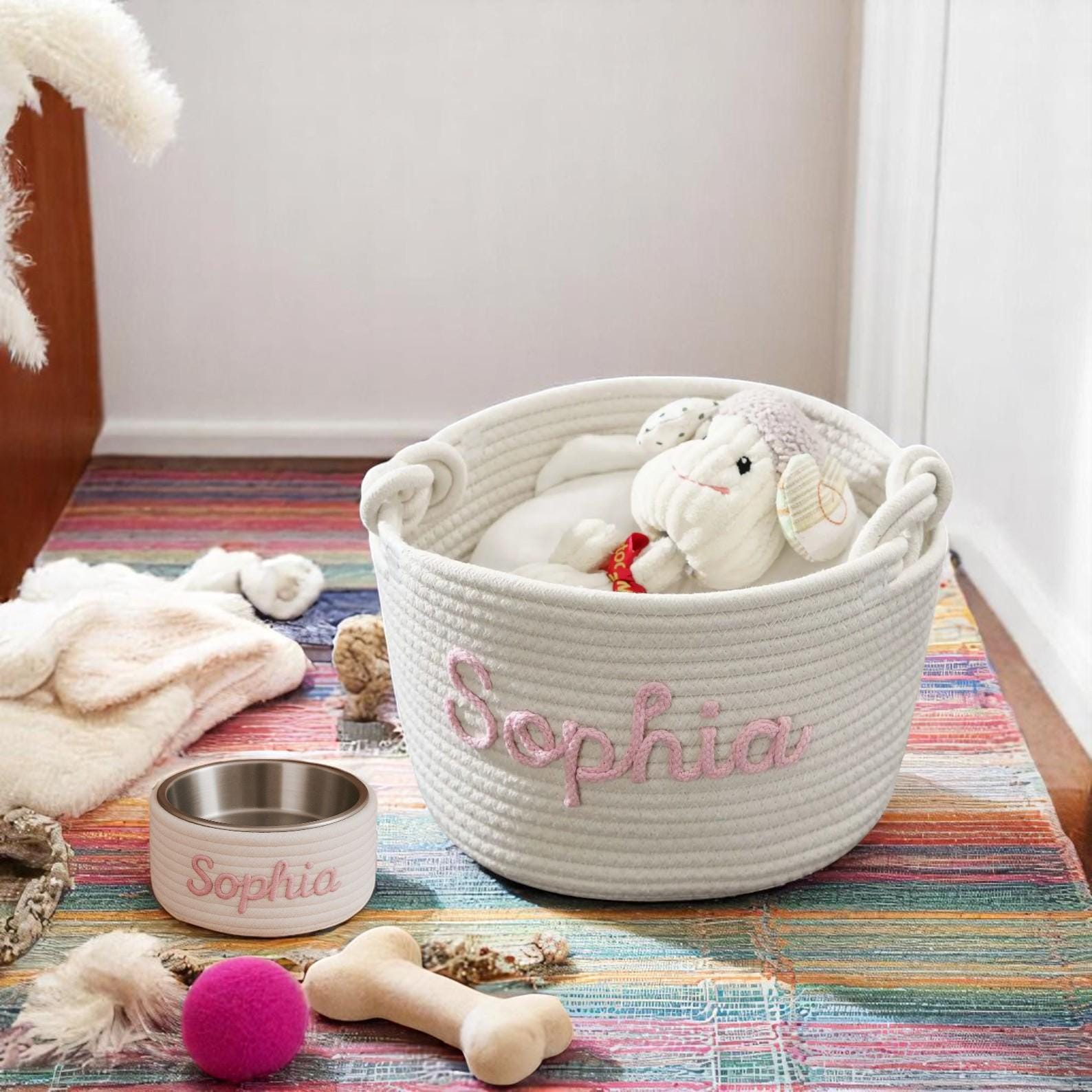 Personalized Dog Toy Basket & Bowl Set: Cotton Rope, Boho Pet Decor - Etsy