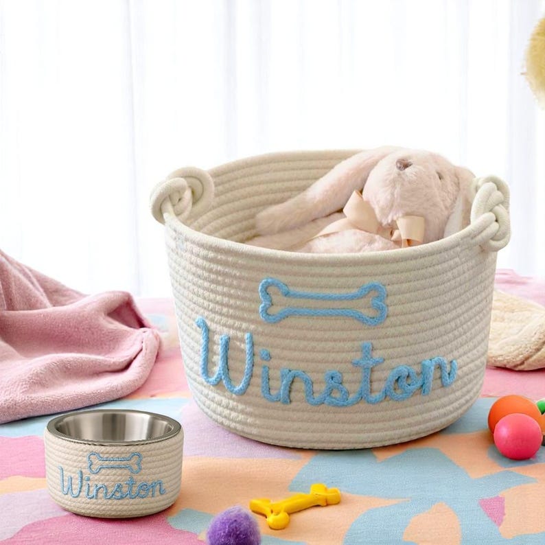 Personalized Dog Toy Basket & Bowl Set: Cotton Rope, Boho Pet Decor - Etsy