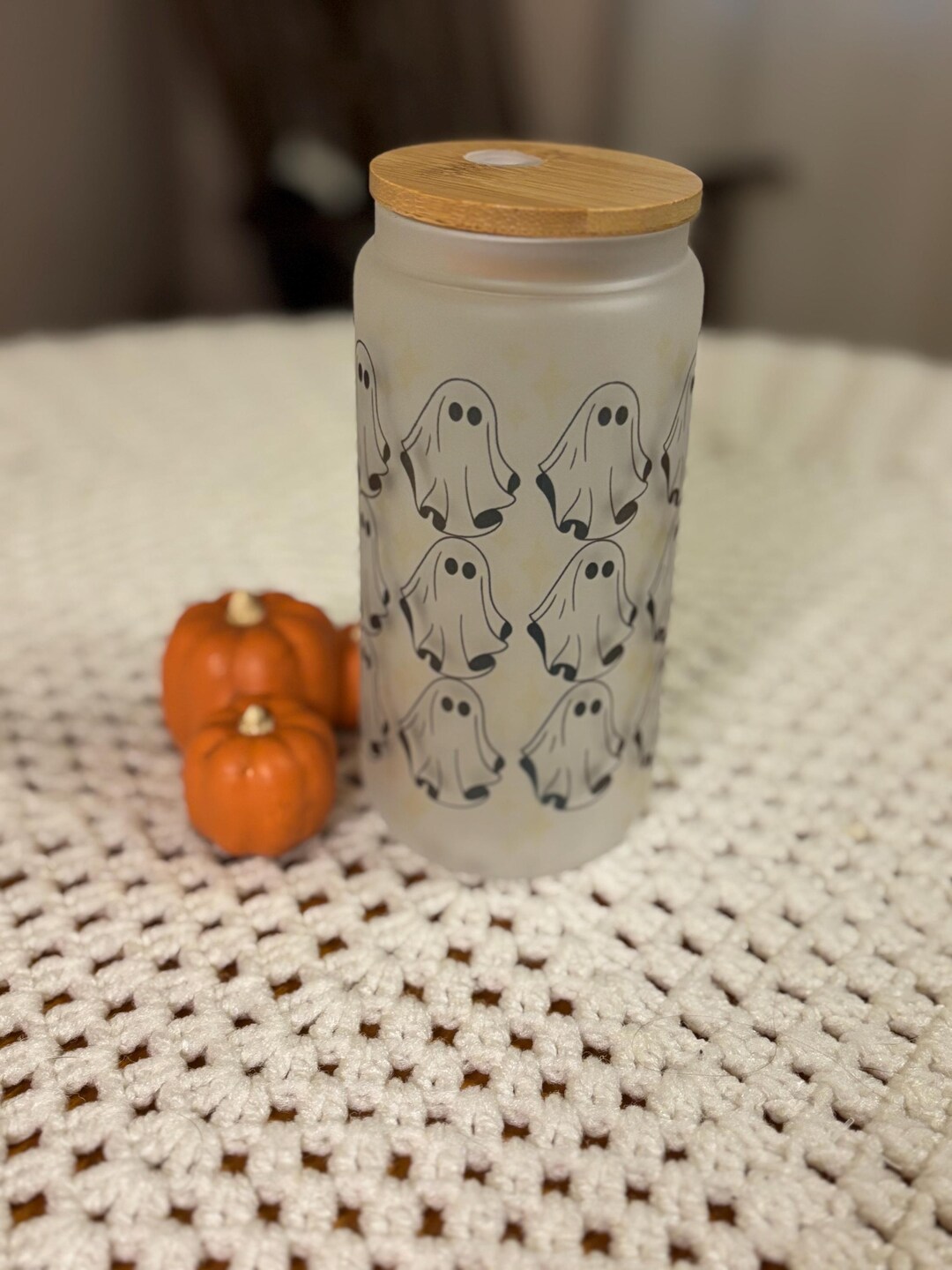 TRIAL Cups-ghost, Halloween Glass Coffee Cup With Bamboo Lid: 16oz ...