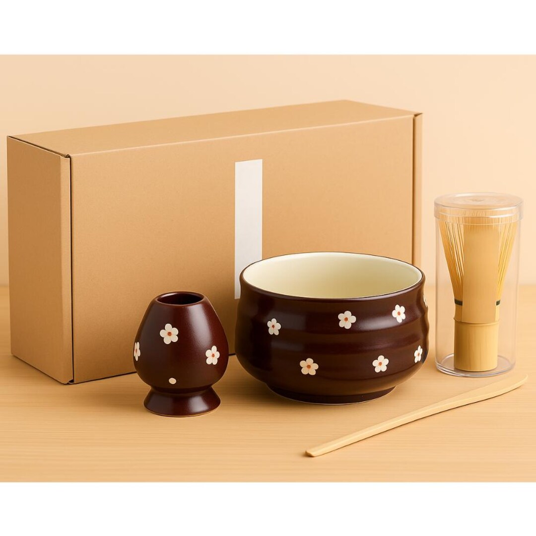 Red Flowers Matcha Tea Set With Hand Drawn Bowl, Bamboo Whisk ...