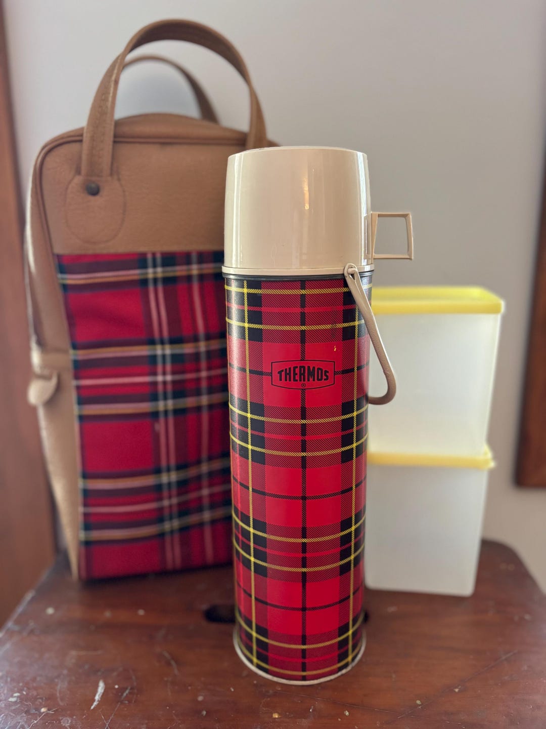 Mid Century Modern Red Plaid Thermos and Lunchbox Carrying Set - Etsy
