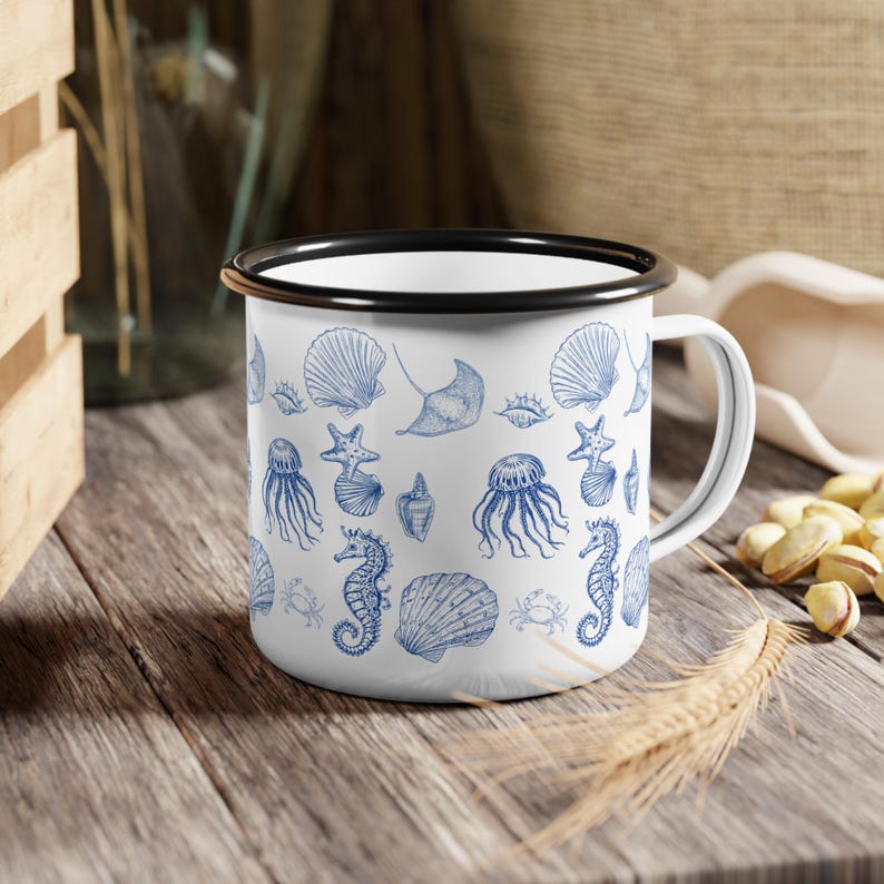 Enamel Camp Cup - Sea Creatures Design, Blue Color, Gift for Sea Lovers ...
