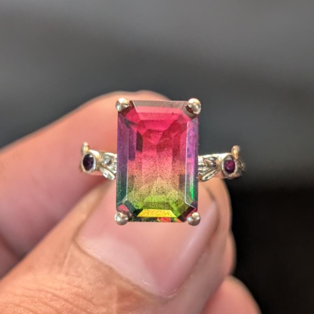 Watermelon Tourmaline Doublet Quartz Ring, Emerald Cut Rainbow Ring ...