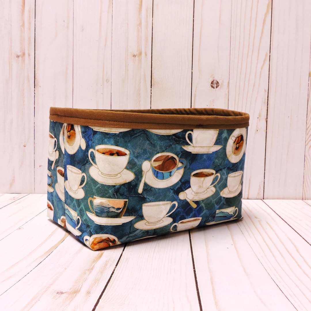 Teal Coffee Fabric Basket: Watercolor Java Print, Collapsible Cotton ...