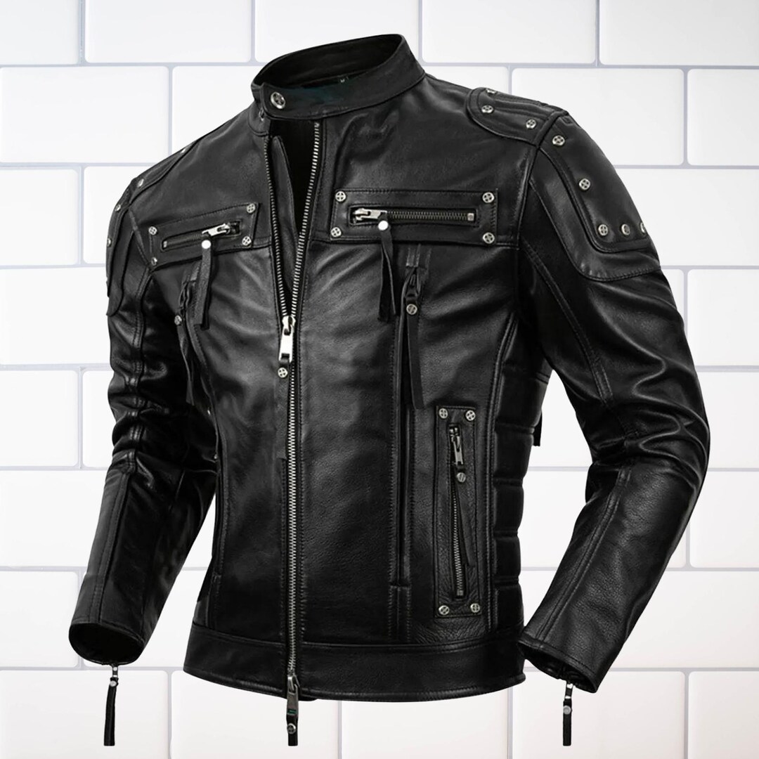 Men's Black Leather Biker Jacket: Military Style Rivet Motorcycle Coat ...