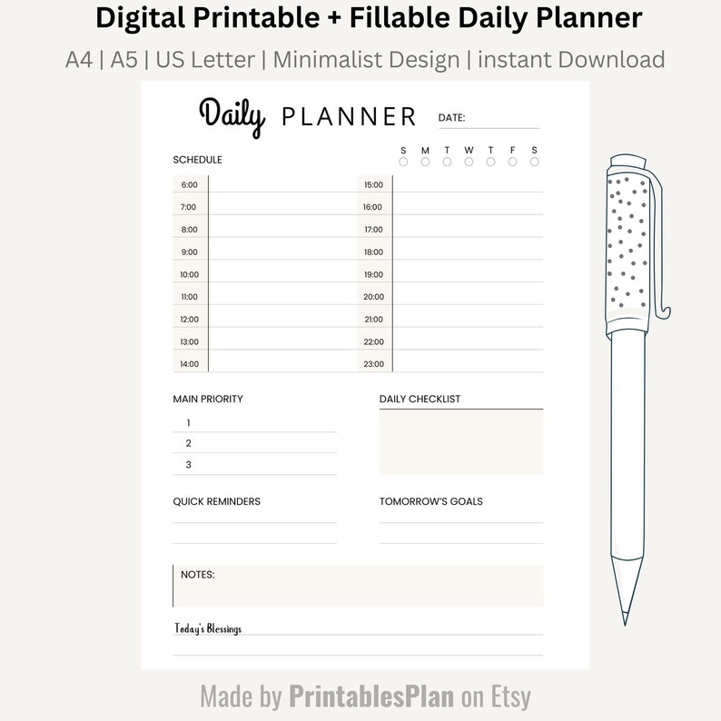 Printable Digital Planner | Editable Fillable Daily Planner ...
