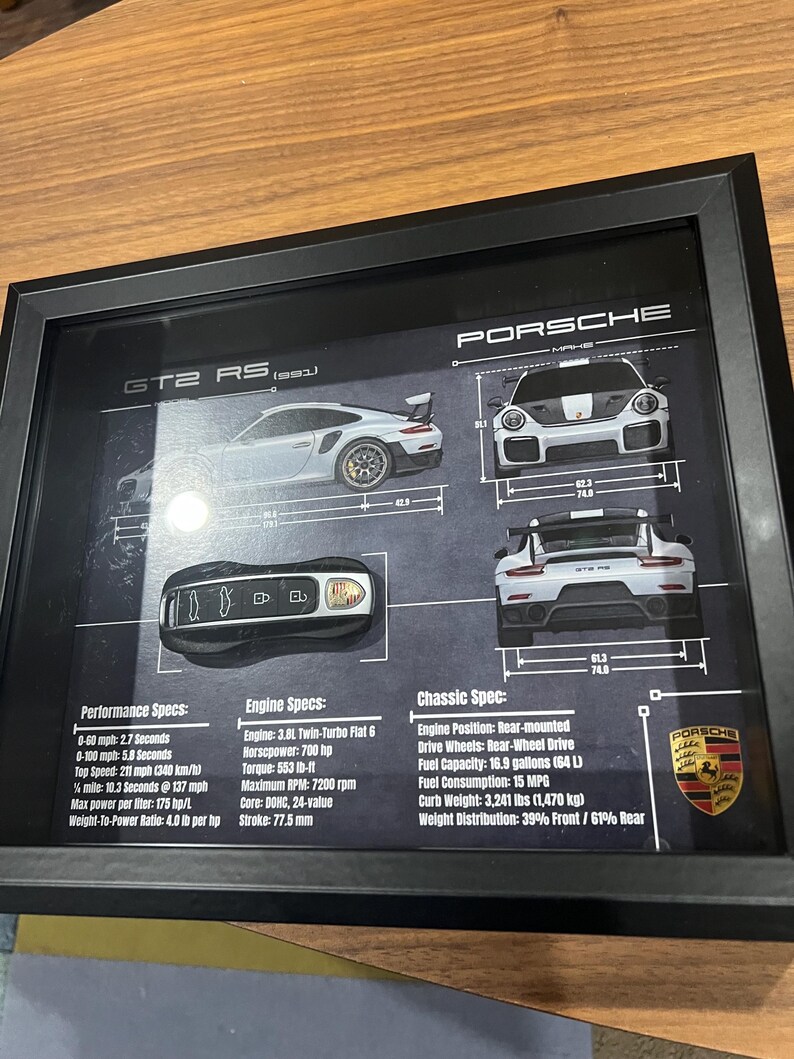 Porsche GT2 RS Blueprint & Key Shadow Box| Wall Motivational Decor ...