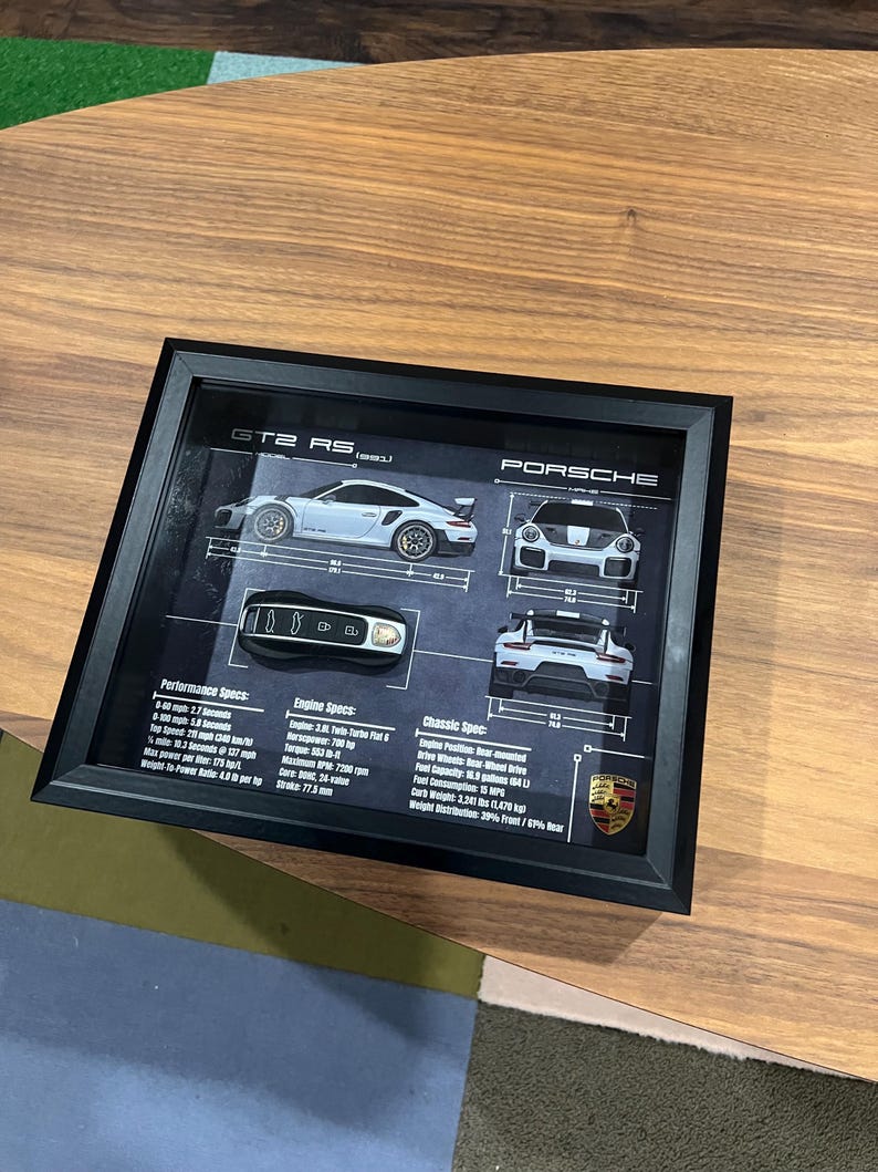 Porsche GT2 RS Blueprint & Key Shadow Box| Wall Motivational Decor ...