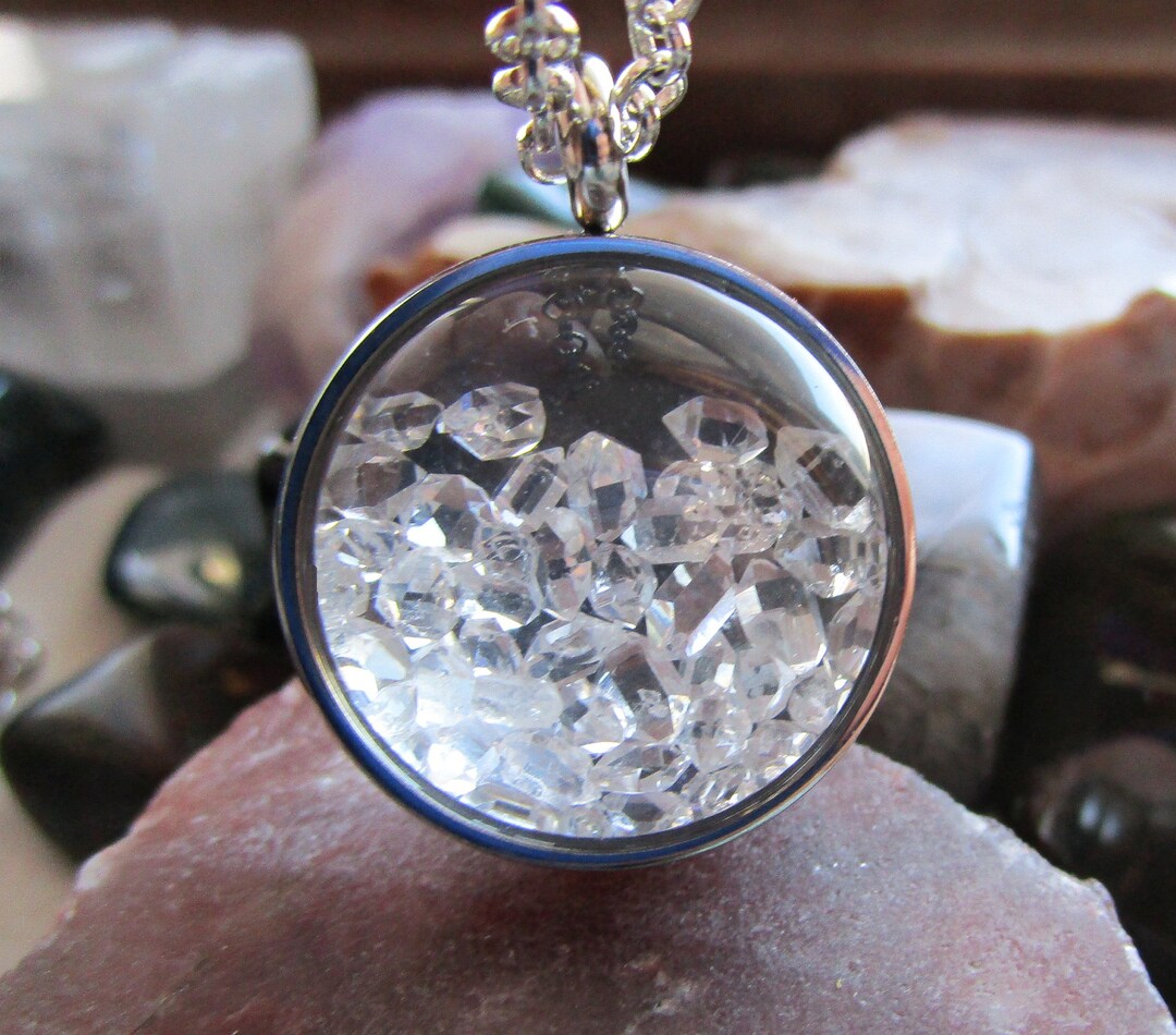 Herkimer Diamond Floating Crystals Double Sided Glass Locket Necklace ...