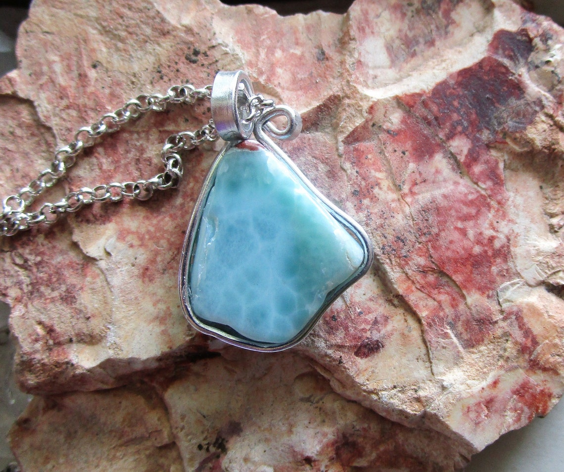 Blue Larimar Natural Gemstone Crystal Pendant Necklace | Etsy