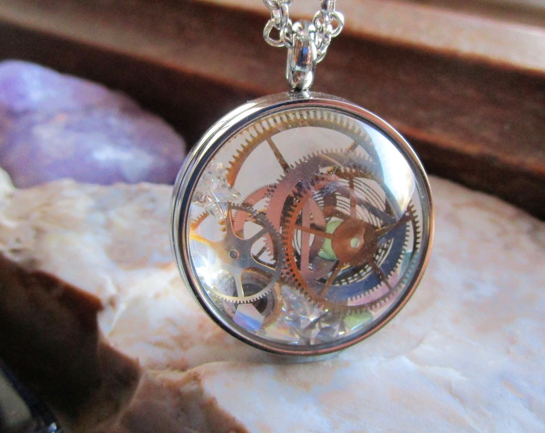 Vintage Clock Works Bubble Glass Locket Keepsake Pendant Necklace - Etsy