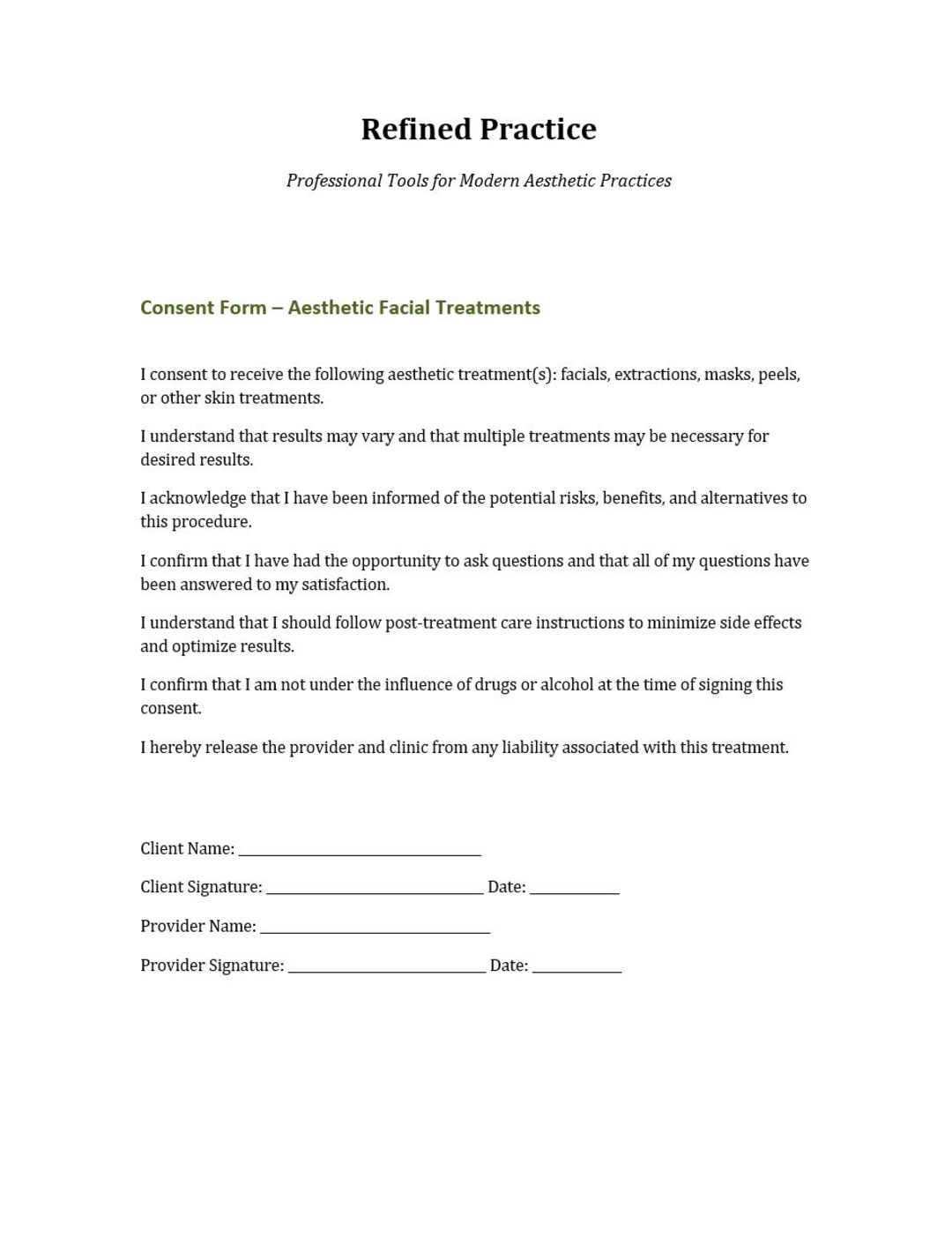 Facial Consent Form Template – Editable Esthetician Treatment PDF ...