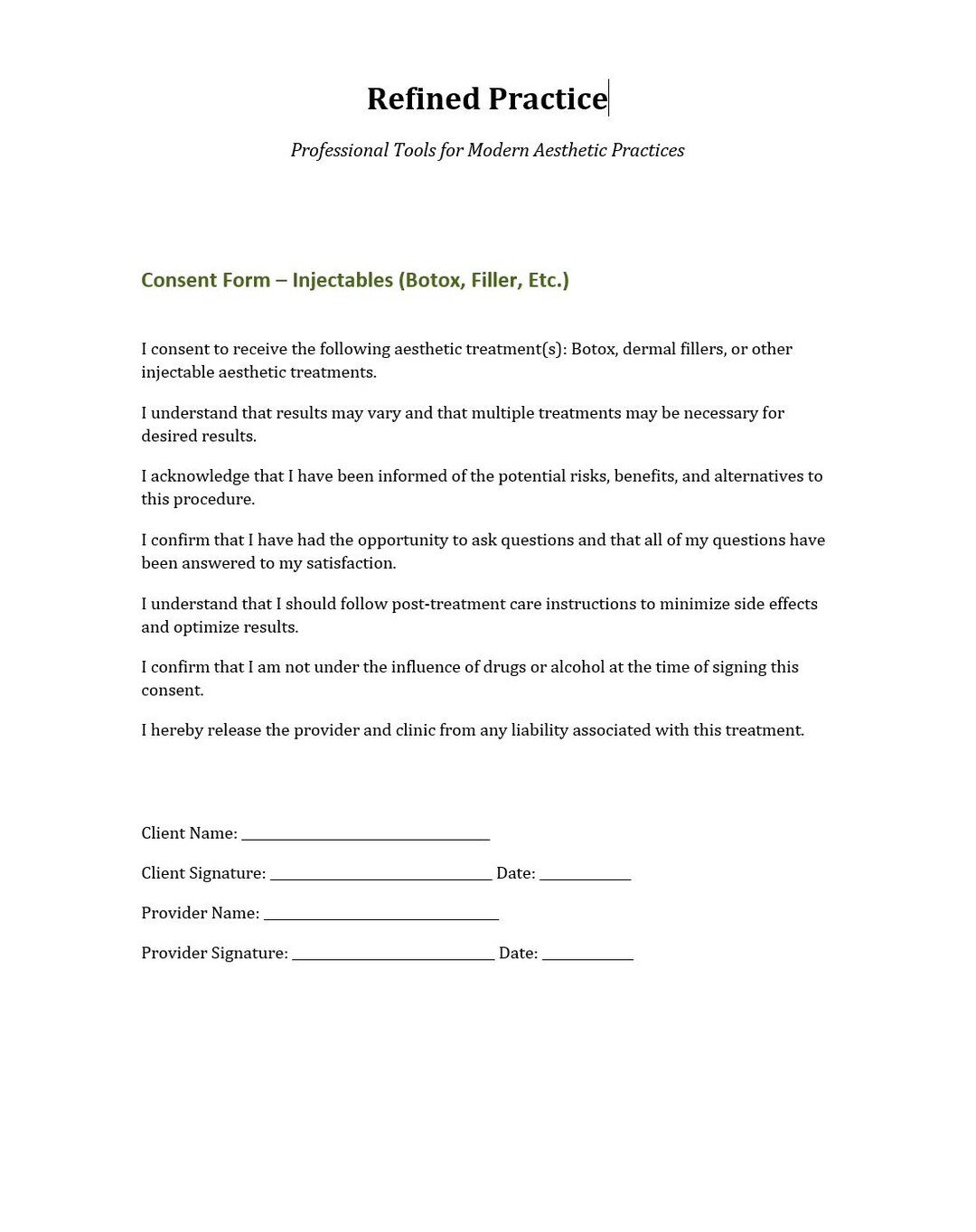 Injectables Consent Form – Editable Botox & Filler PDF + Word Template ...
