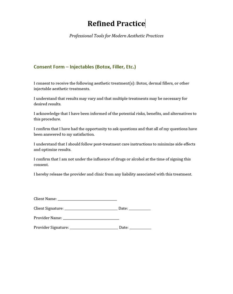 Injectables Consent Form – Editable Botox & Filler PDF + Word Template ...
