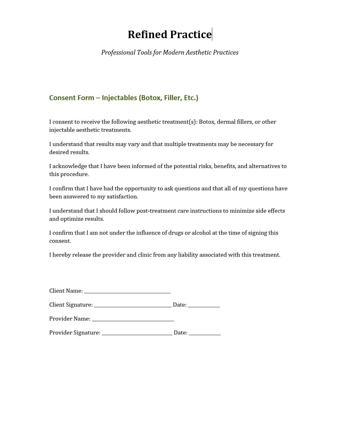 Injectables Consent Form – Editable Botox & Filler PDF + Word Template ...