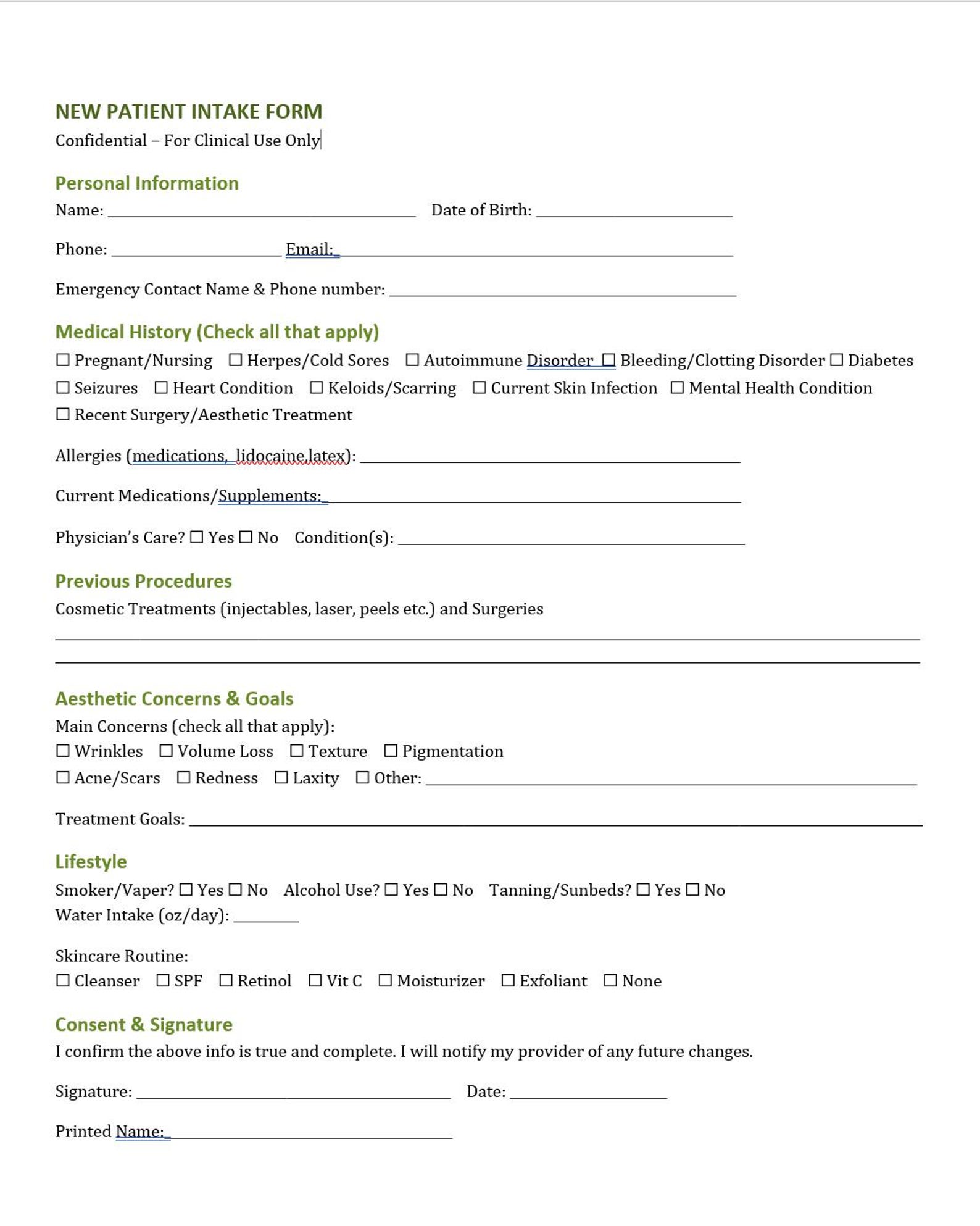 Patient Intake Form Template - Editable Client PDF & Word File for Med ...