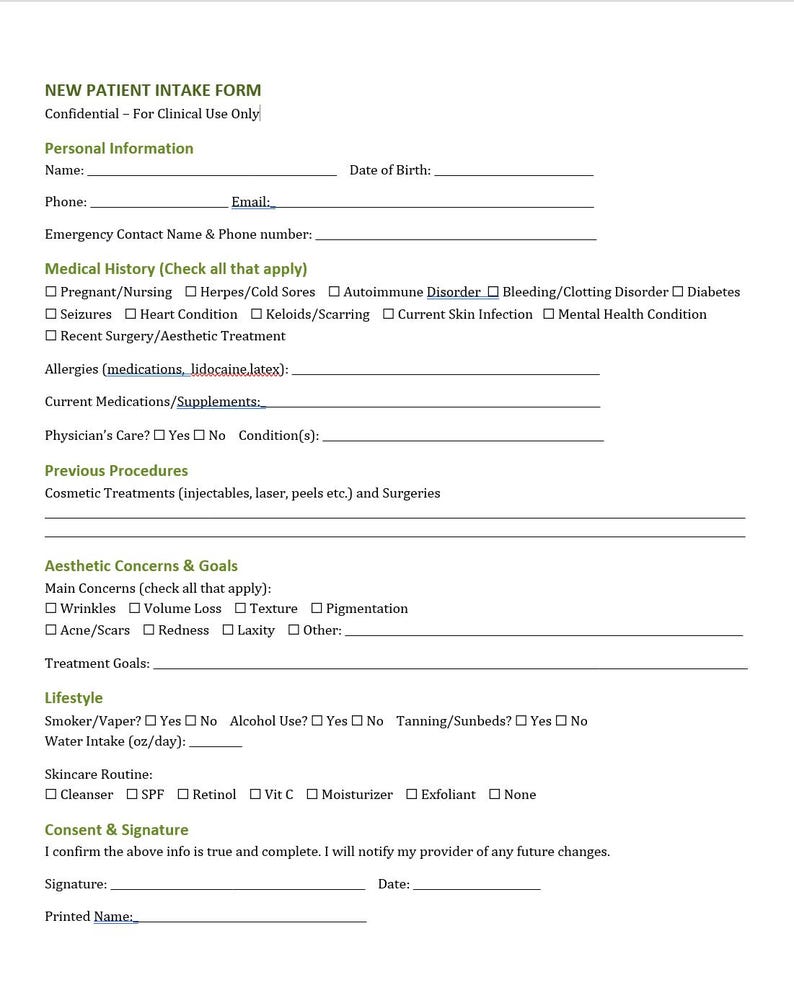 Patient Intake Form Template - Editable Client PDF & Word File for Med ...