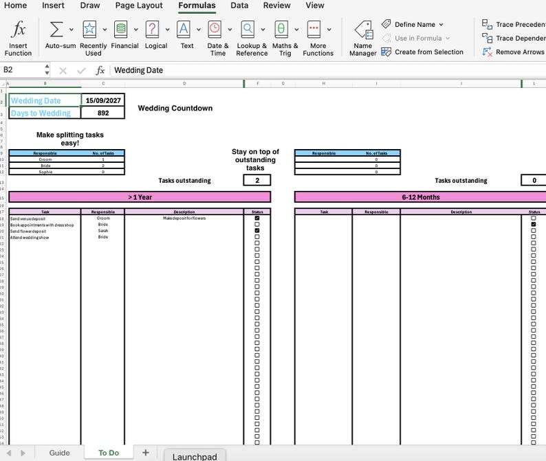 Wedding To-do List Excel Spreadsheet - Etsy