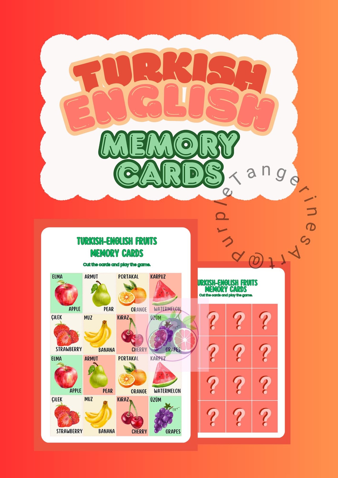 Turkish English Fruits Flashcards for Kids | Memory Game | Printable ...